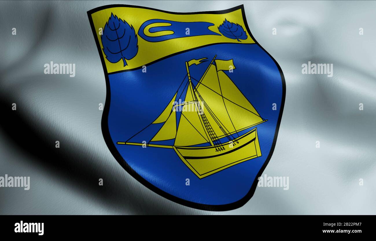 3D Illustration of a waving coat of arms flag of Arnis (Germany country ...