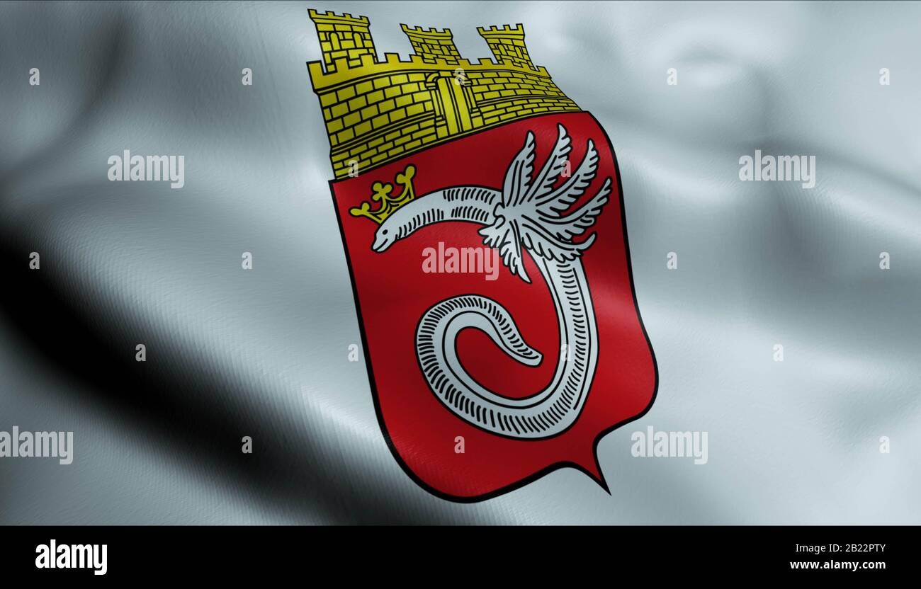 3D Illustration of a waving coat of arms flag of Ahlen (Germany country ...