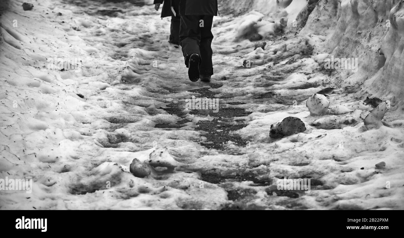 Snow covered ice ground in winter, risk and nature Stock Photo - Alamy