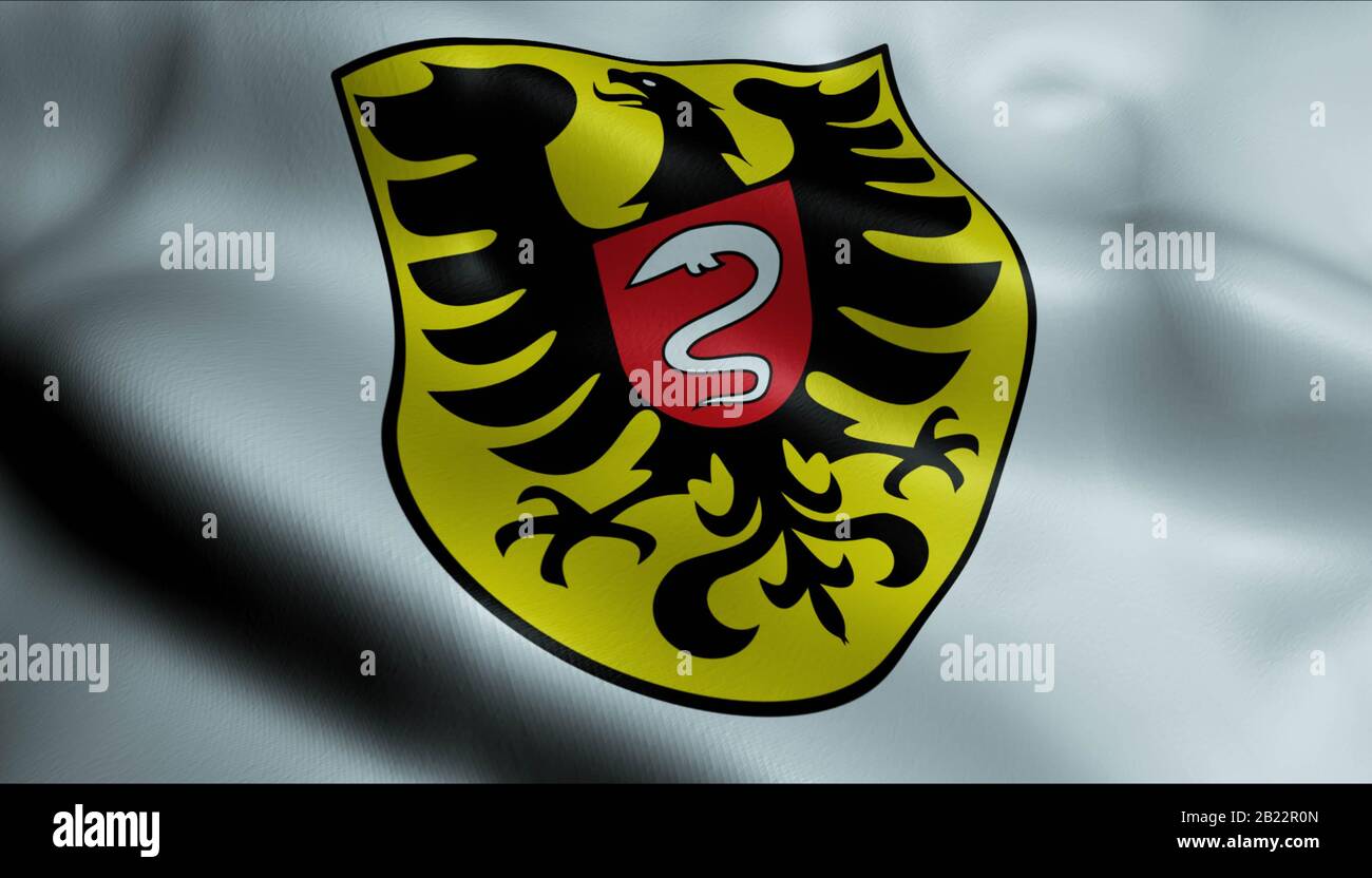 3D Illustration of a waving coat of arms flag of Aalen (Germany country ...