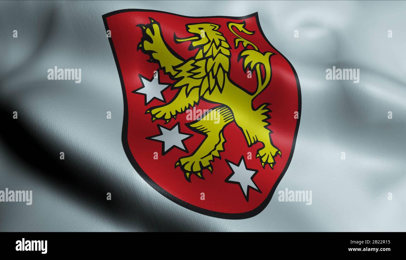 3D Illustration of a waving coat of arms flag of Aach (Germany country ...