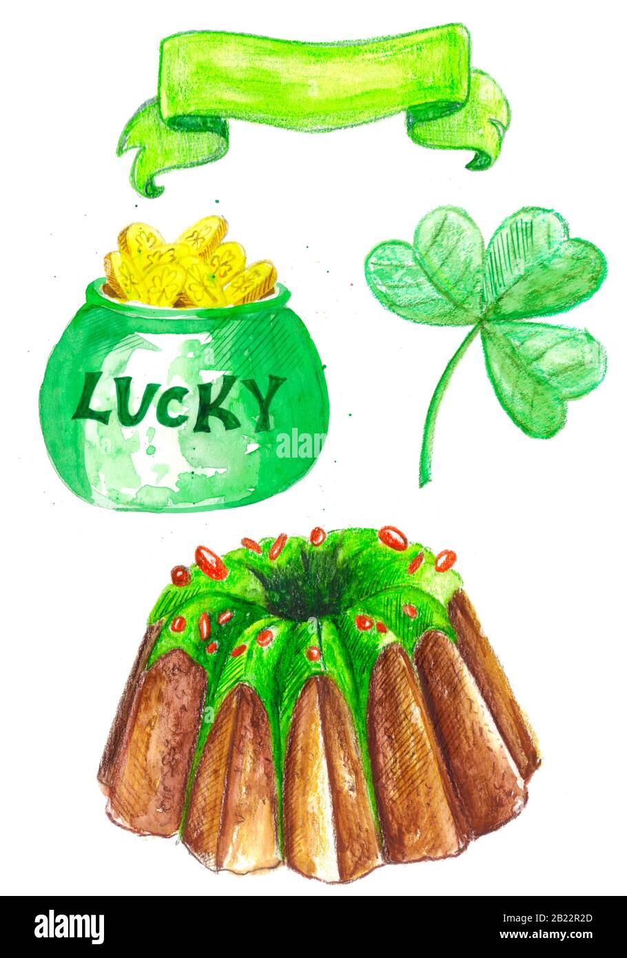 Saint Patrick's Day symbols, cake, coins, set isolated on white Stock ...