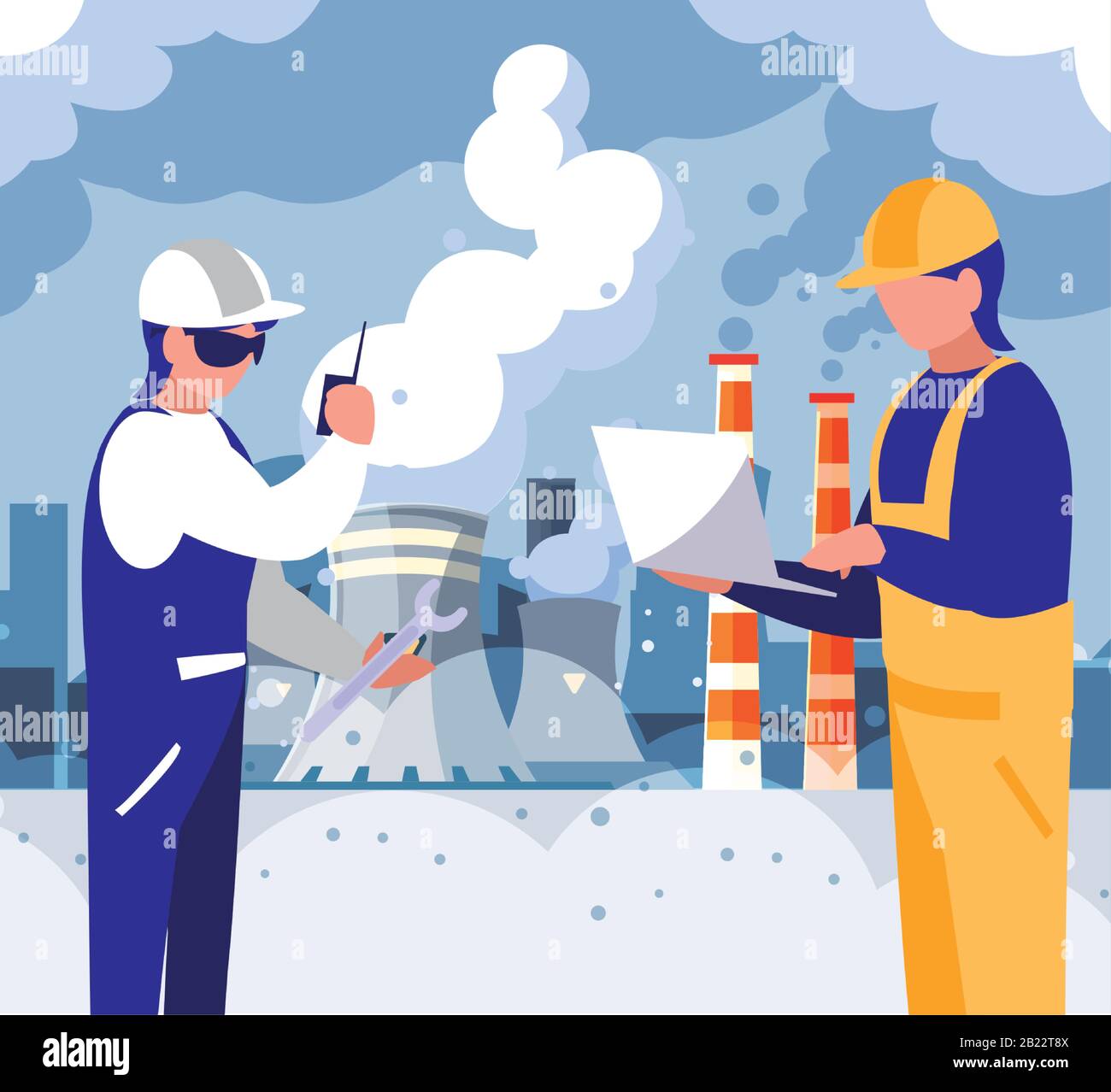 men engineers standing the factory, team work vector illustration ...
