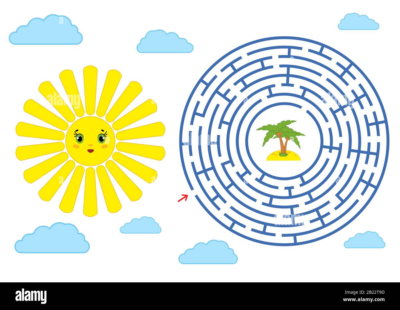 Round maze with a cartoon character. Nice sun with clouds and beach. An ...
