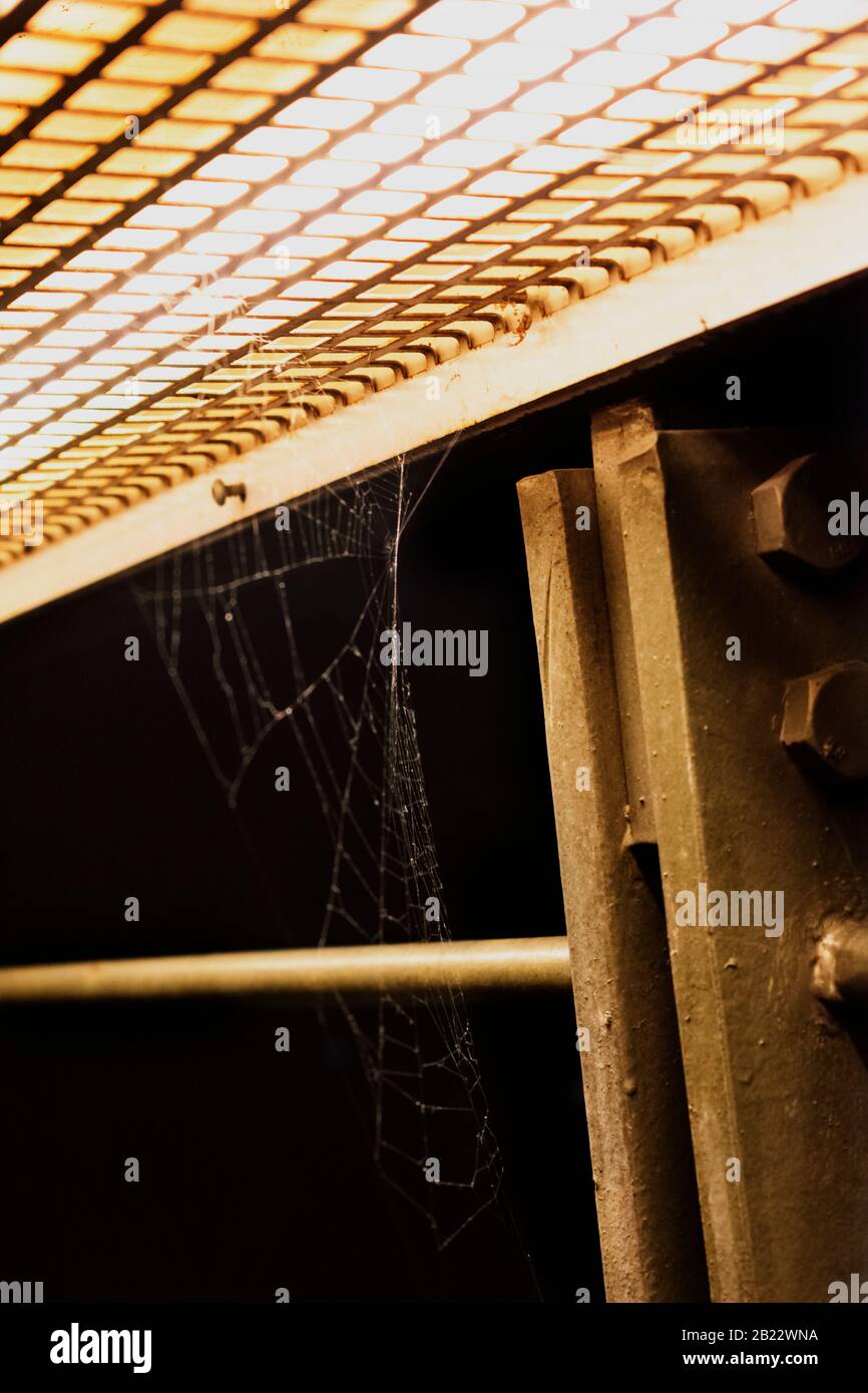 A spider web on metal railings awaits the built-in light Stock Photo ...