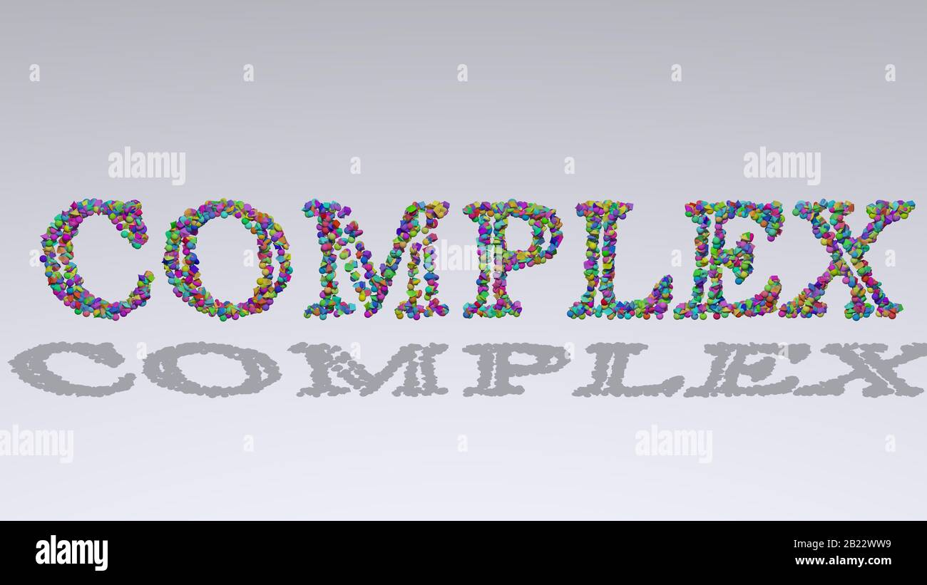 COMPLEX: 3D illustration of the text made of small objects over a white ...