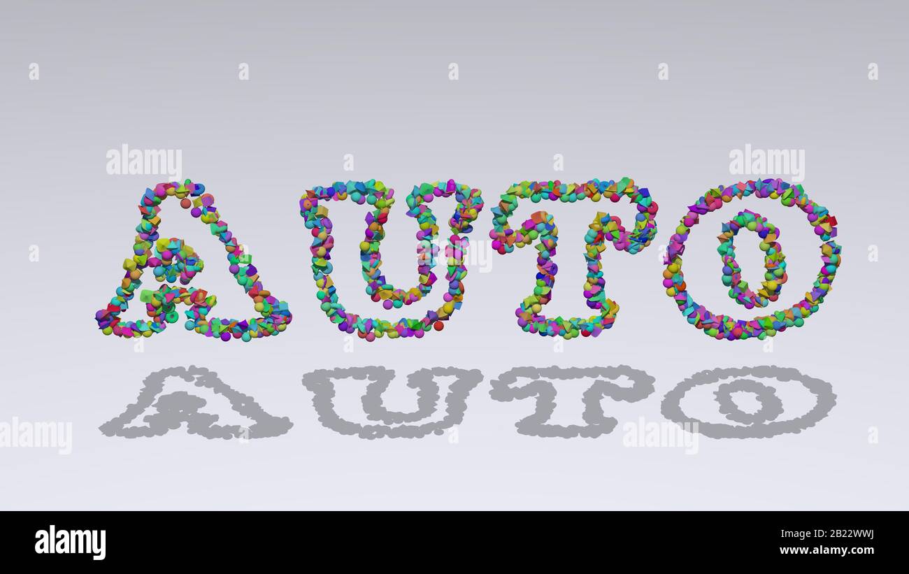 Colorful 3D writting of AUTO text with small objects over a white ...