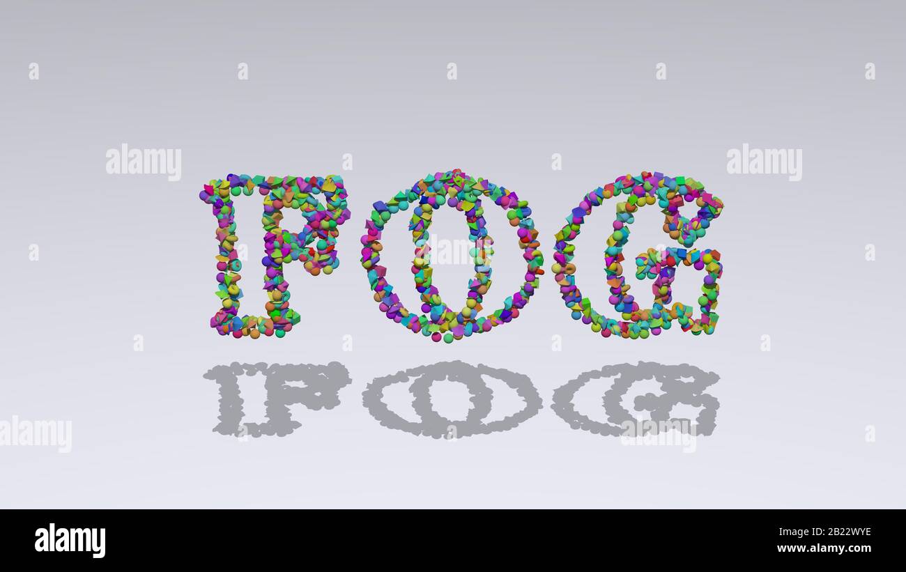 Fog: 3D illustration of the text made of small objects over a white ...