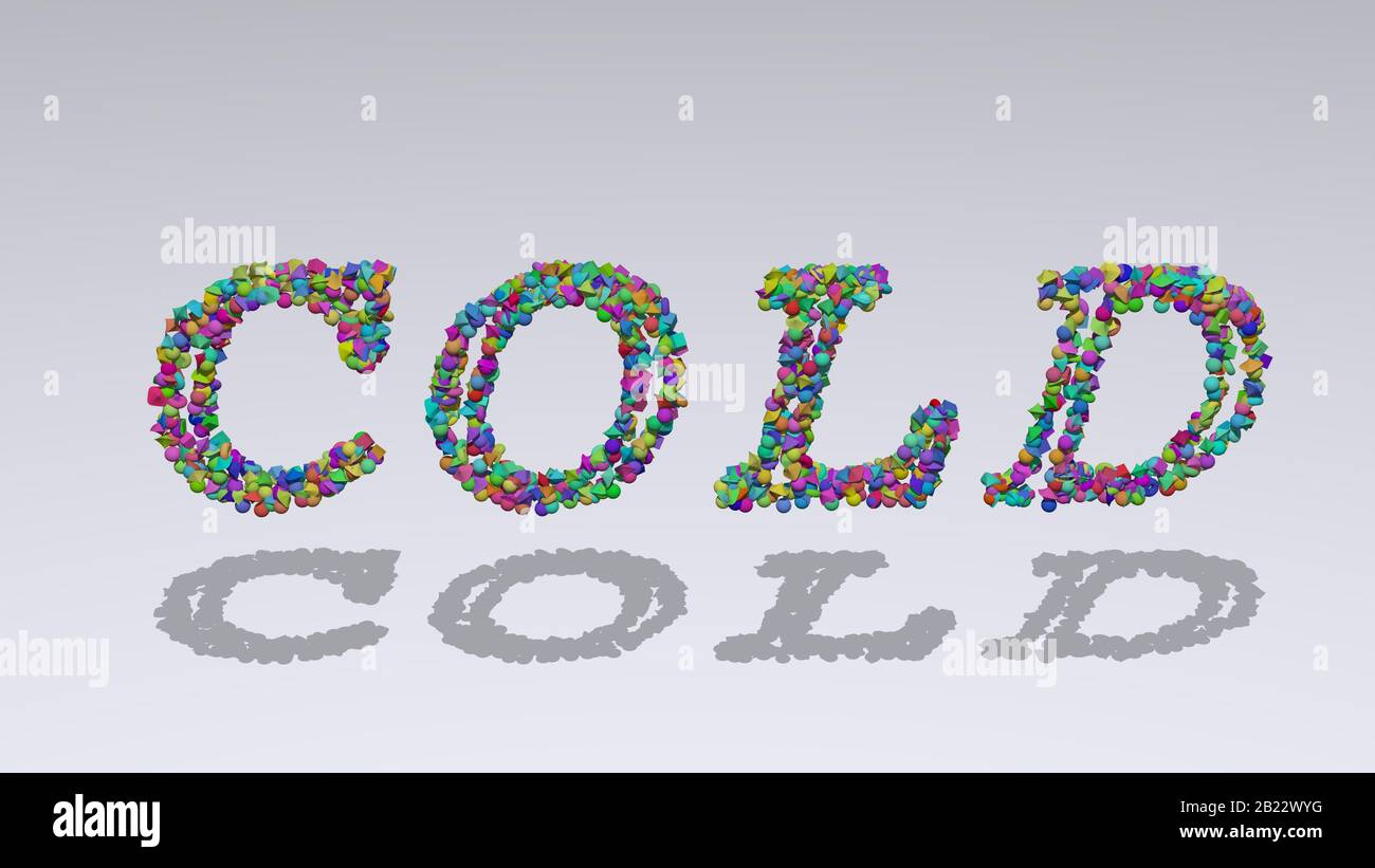 COLD written in 3D illustration by colorful small objects casting ...