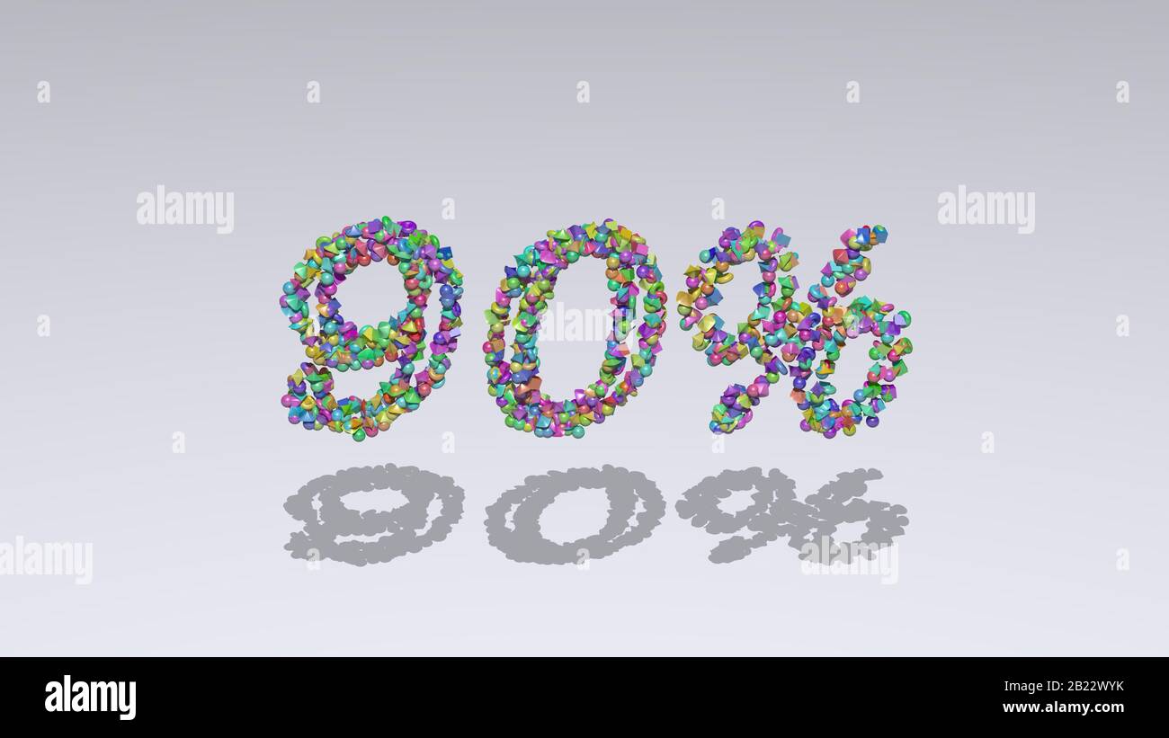 90% : 3D illustration of the text made of small objects over a white ...