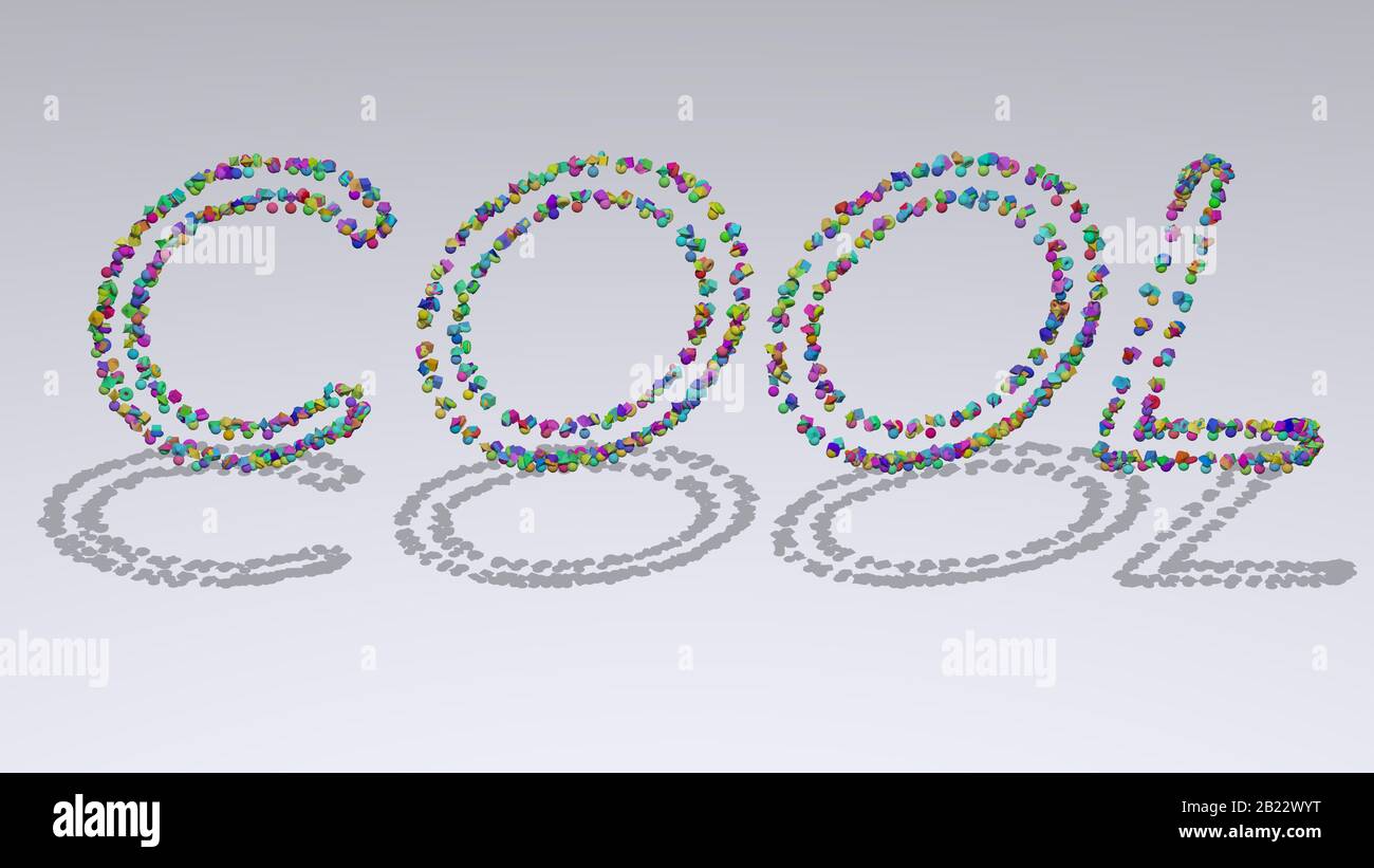 Colorful 3D writting of COOL text with small objects over a white ...