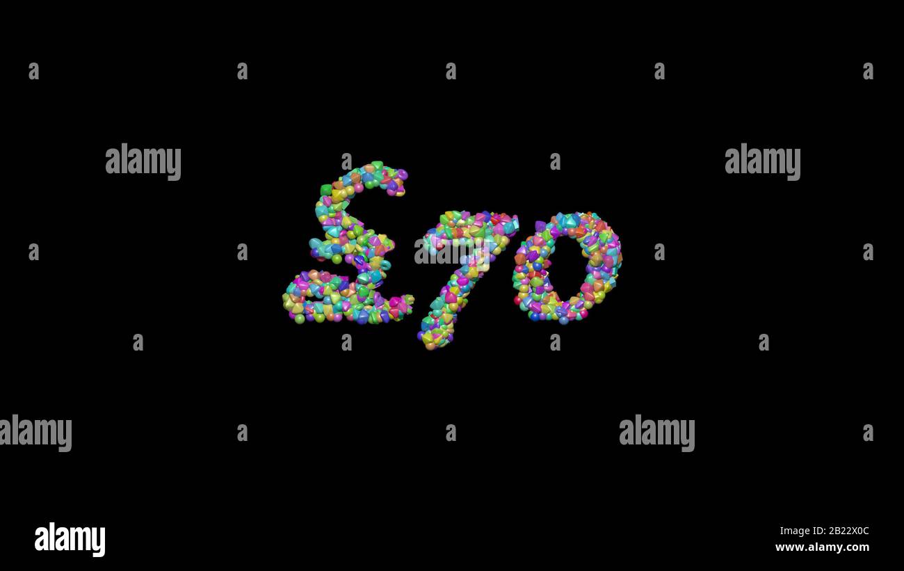 Colorful 3D writting of £70 text with small objects over a dark ...