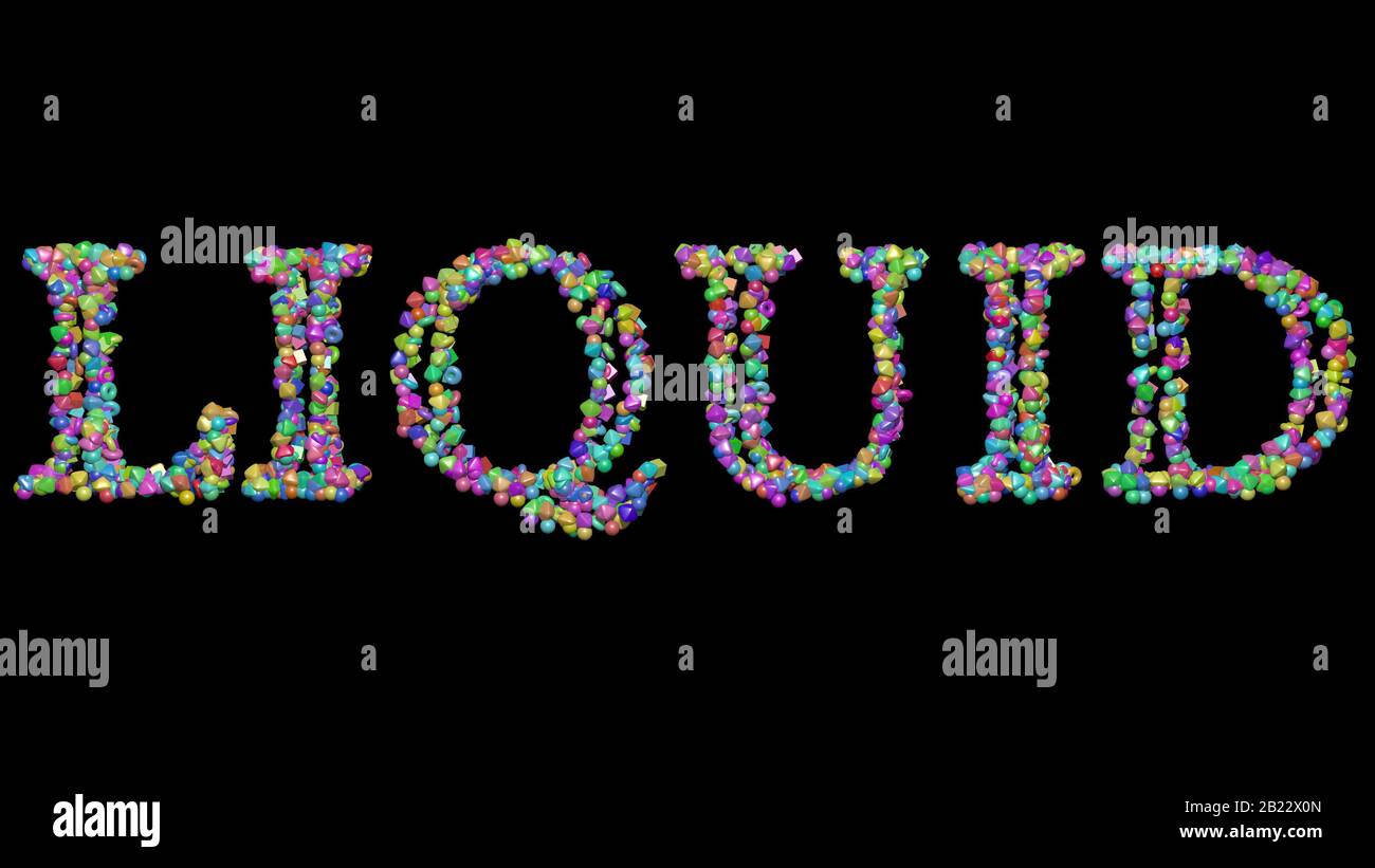 Colorful 3D writting of Liquid text with small objects over a dark ...
