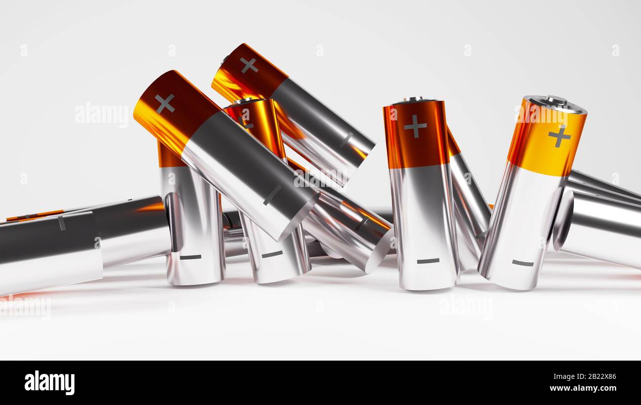 Lots of AA batteries, a group of shiny silver blank power cells falling ...