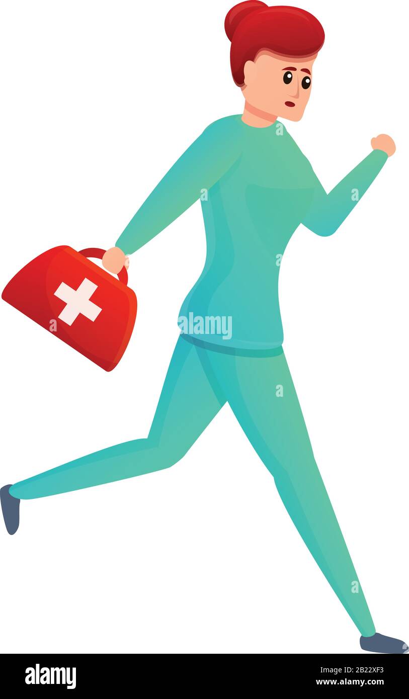 Nurse running with first aid kit icon. Cartoon of nurse running with ...