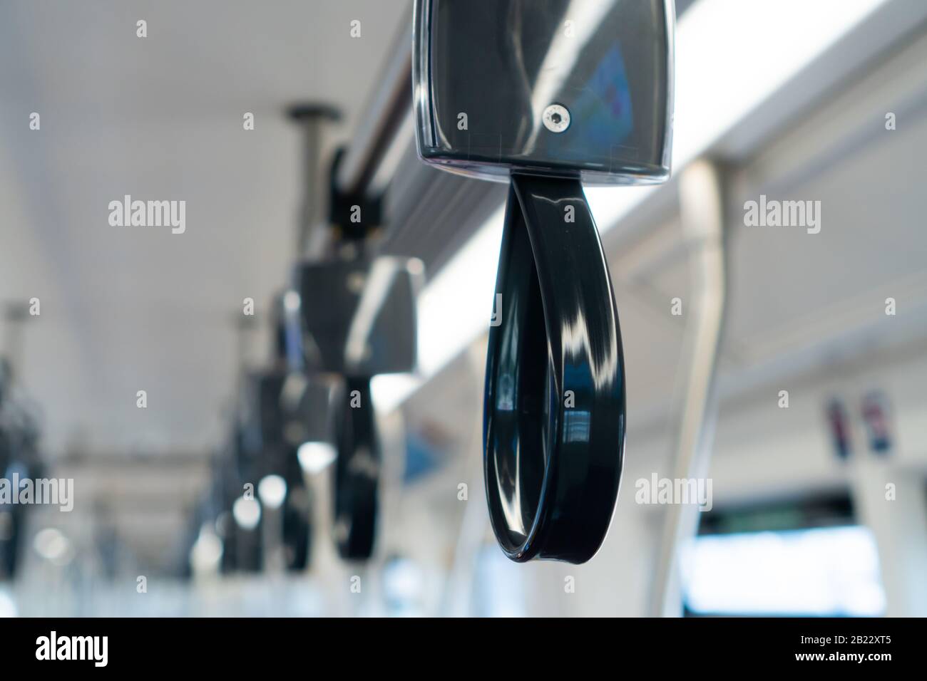 Close up of empty handrails in a metro subway train , Handle hand ...