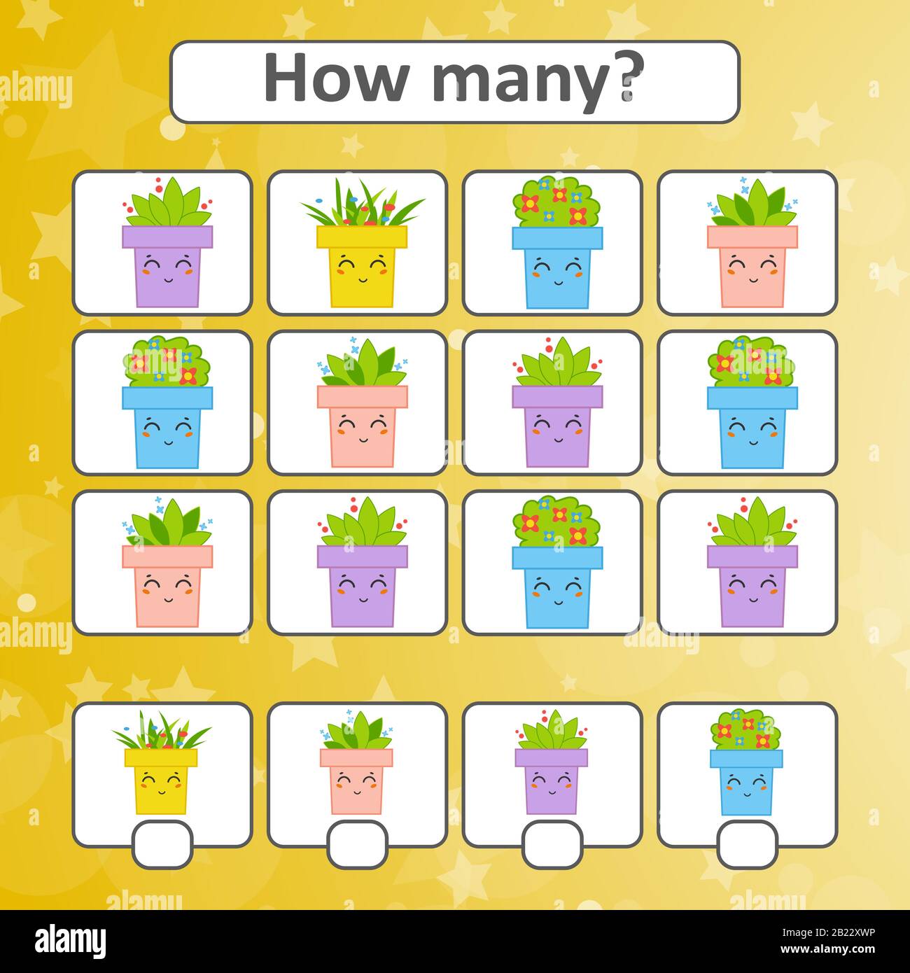 Game for preschool children. Count as many flower pots in the picture ...