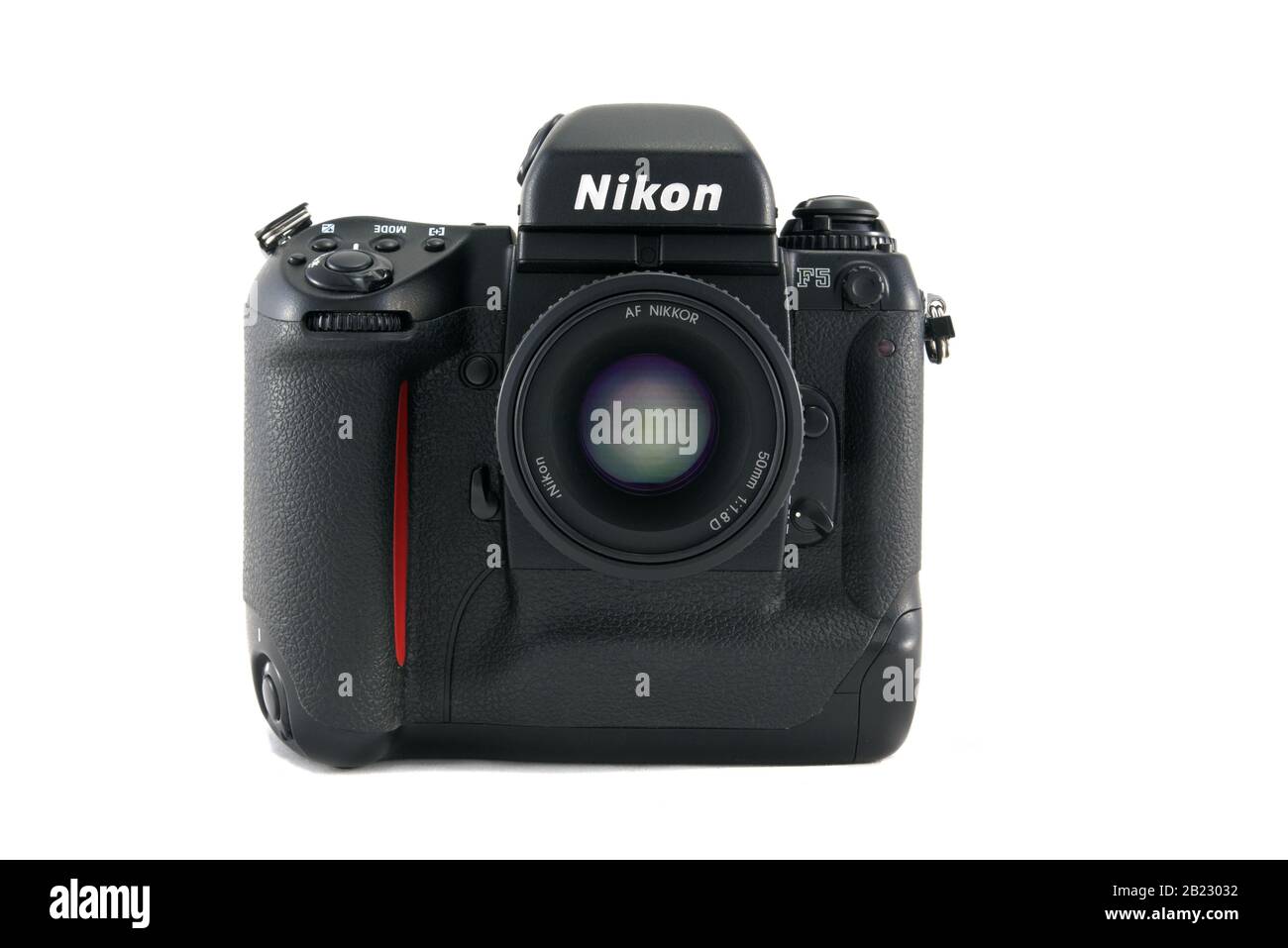 Nikon F5 professional film camera on white background, front view with ...