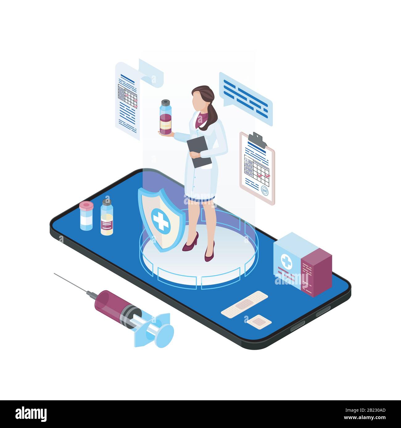Doctor present vaccination isometric color vector illustration. Flu ...
