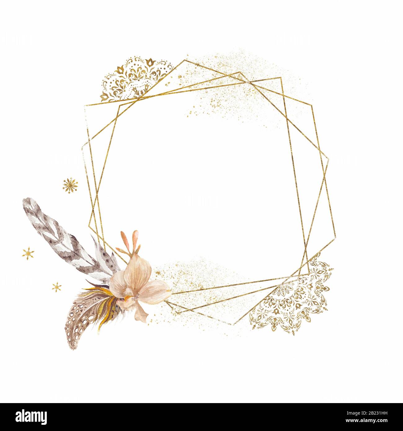 Creative paper template with watercolor feathers and gold glitter Stock ...