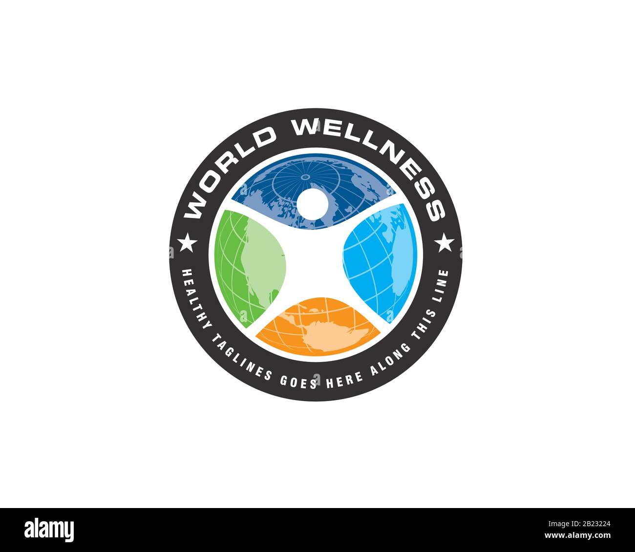 world wellness emblem logo with human figure dividing globe to four ...