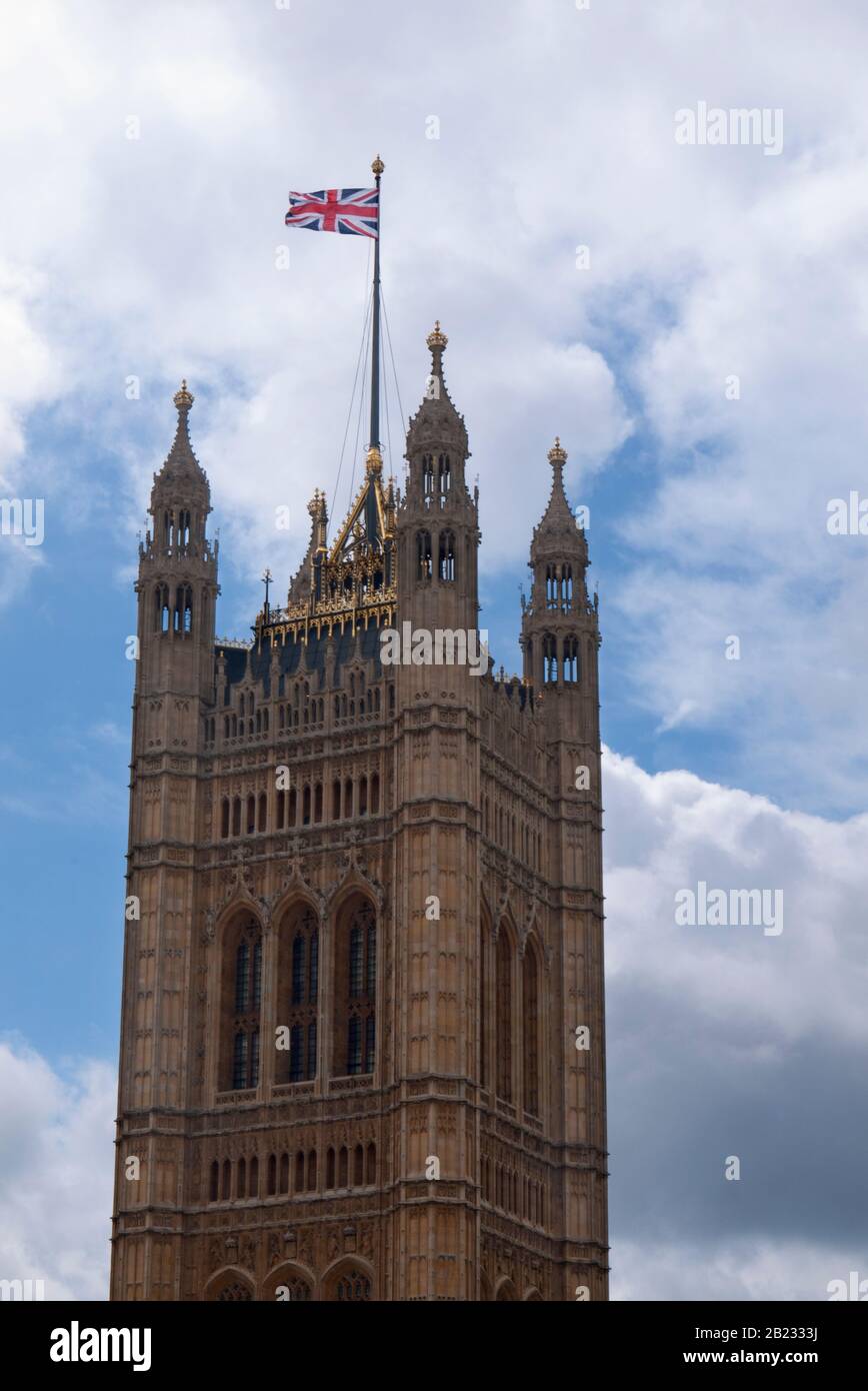 The Union Jack flag flies above Victoria Tower, Palace of Westminster ...