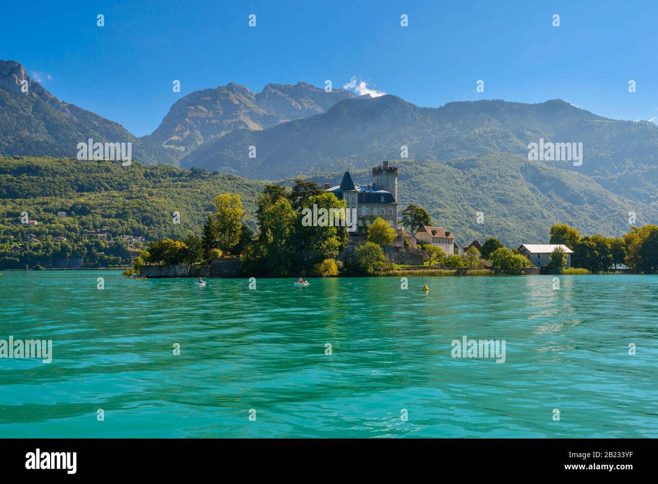 Château de Duingt located on a small island on Lake Annecy connected by ...