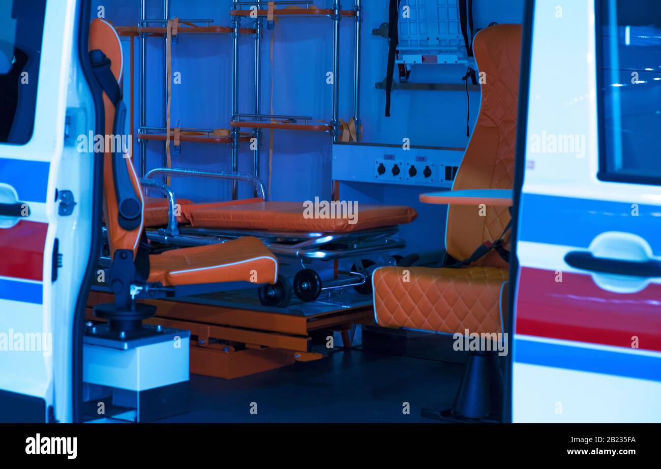 Equipment for ambulances. View from inside. Photo taken from the rear ...