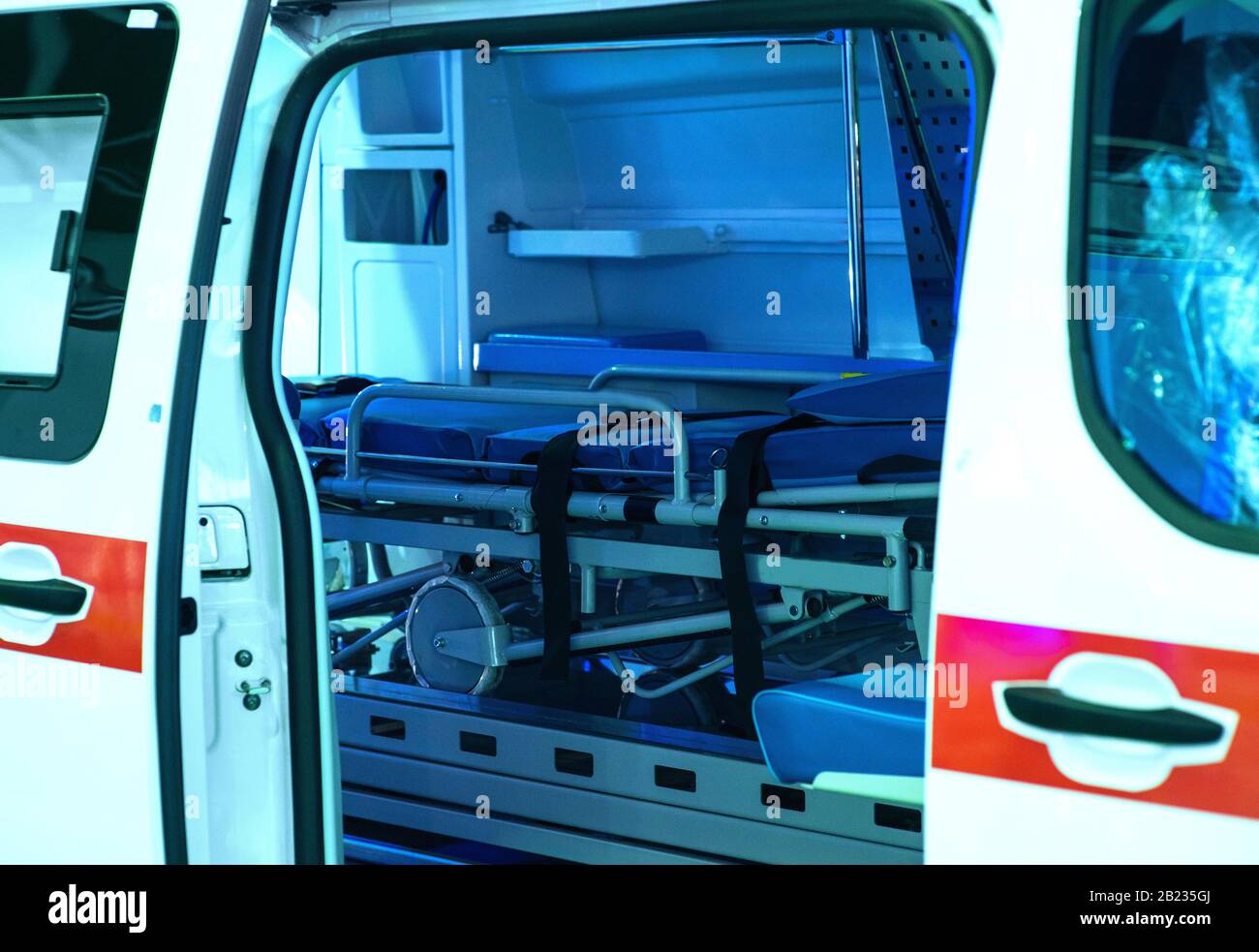 Equipment for ambulances. View from inside. Photo taken from the rear ...