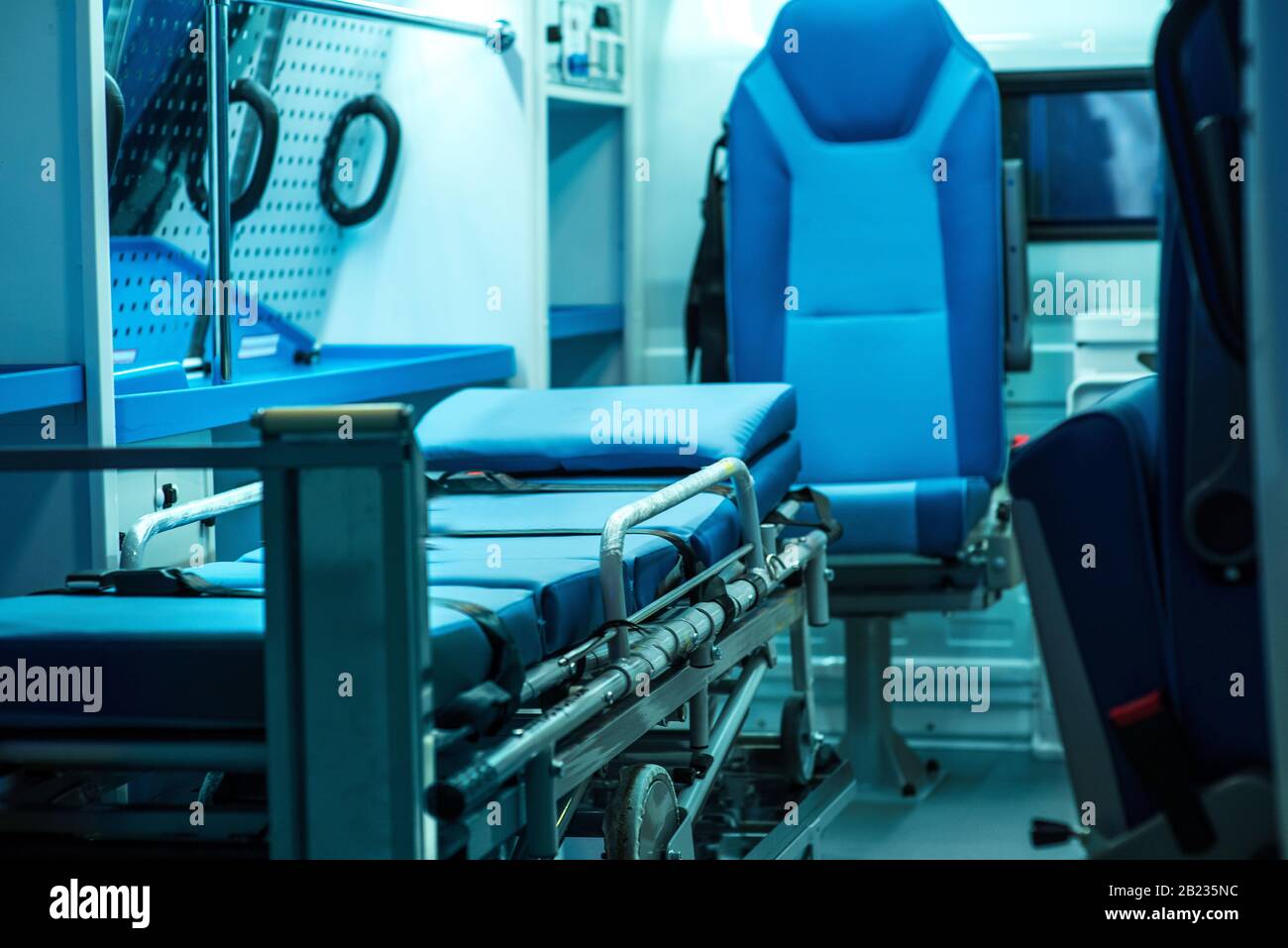Equipment for ambulances. View from inside. Photo taken from the rear ...