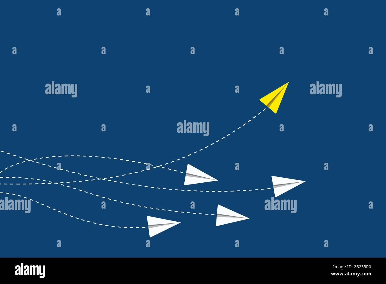 Think differently concept. Yellow airplane changing direction. New idea ...