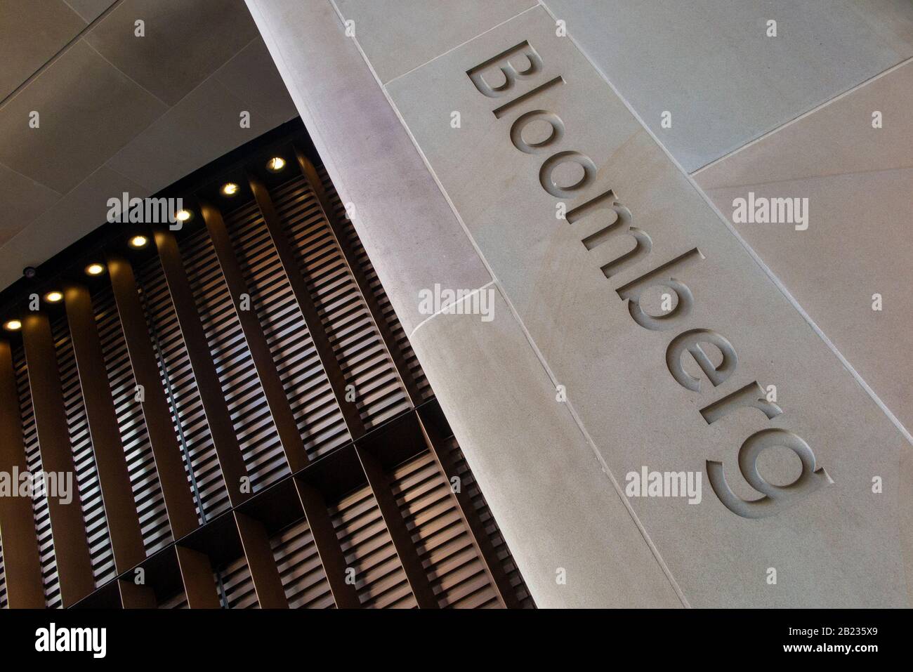 A stone engraved with the name Bloomberg at the corporate Headquarters ...