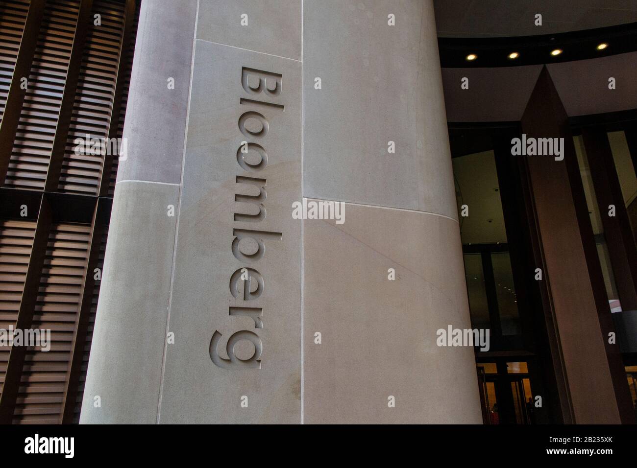 A stone engraved with the name Bloomberg at the corporate Headquarters ...
