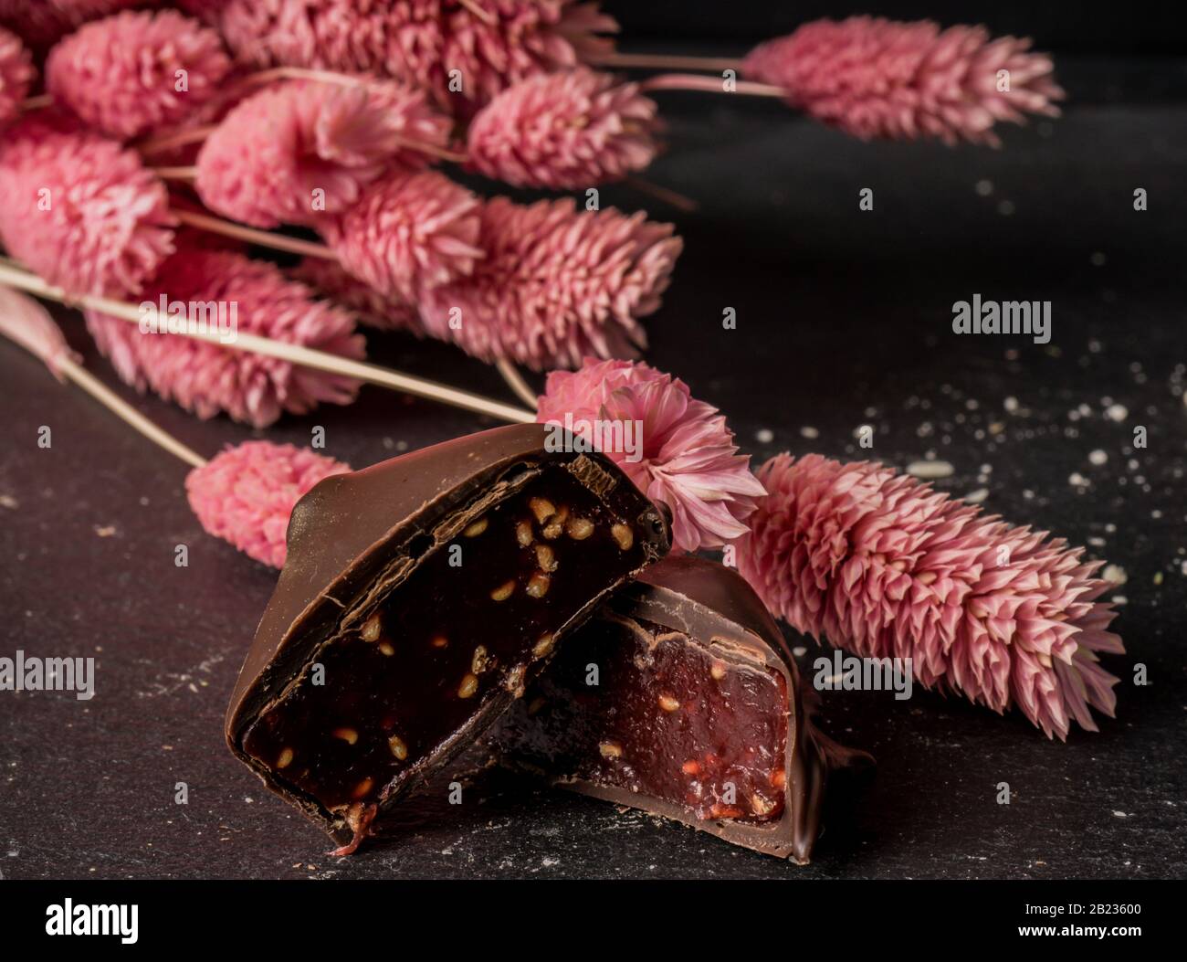 Homemade dried dewberry Belgian chocolates on dark background Stock ...