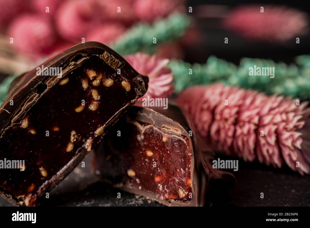 Homemade dried dewberry Belgian chocolates on dark background Stock ...