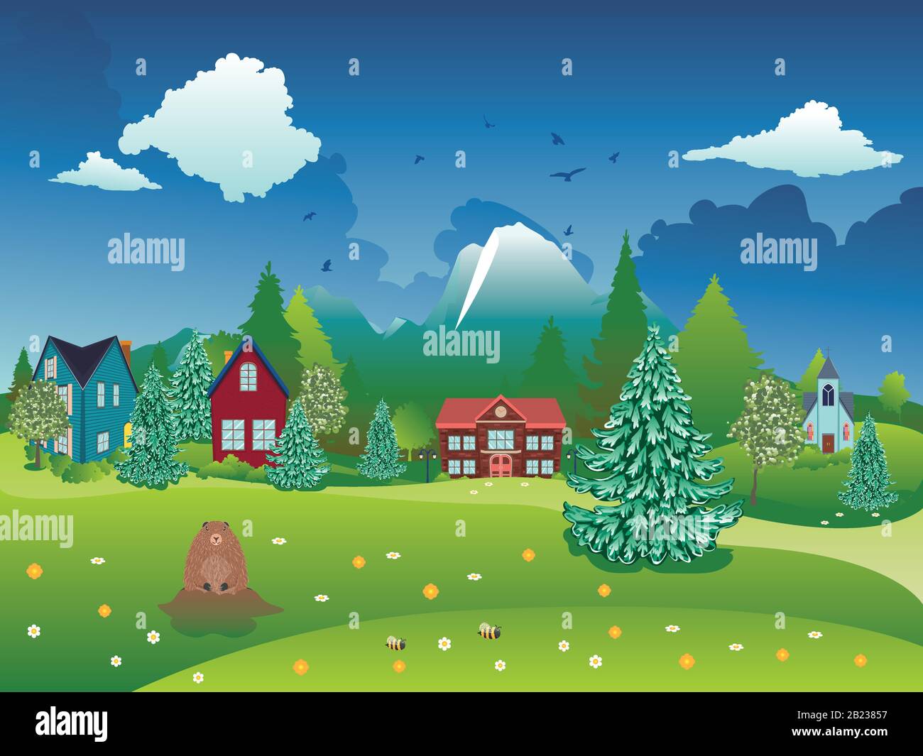Rural spring landscape with houses, mountain and cute groundhog ...