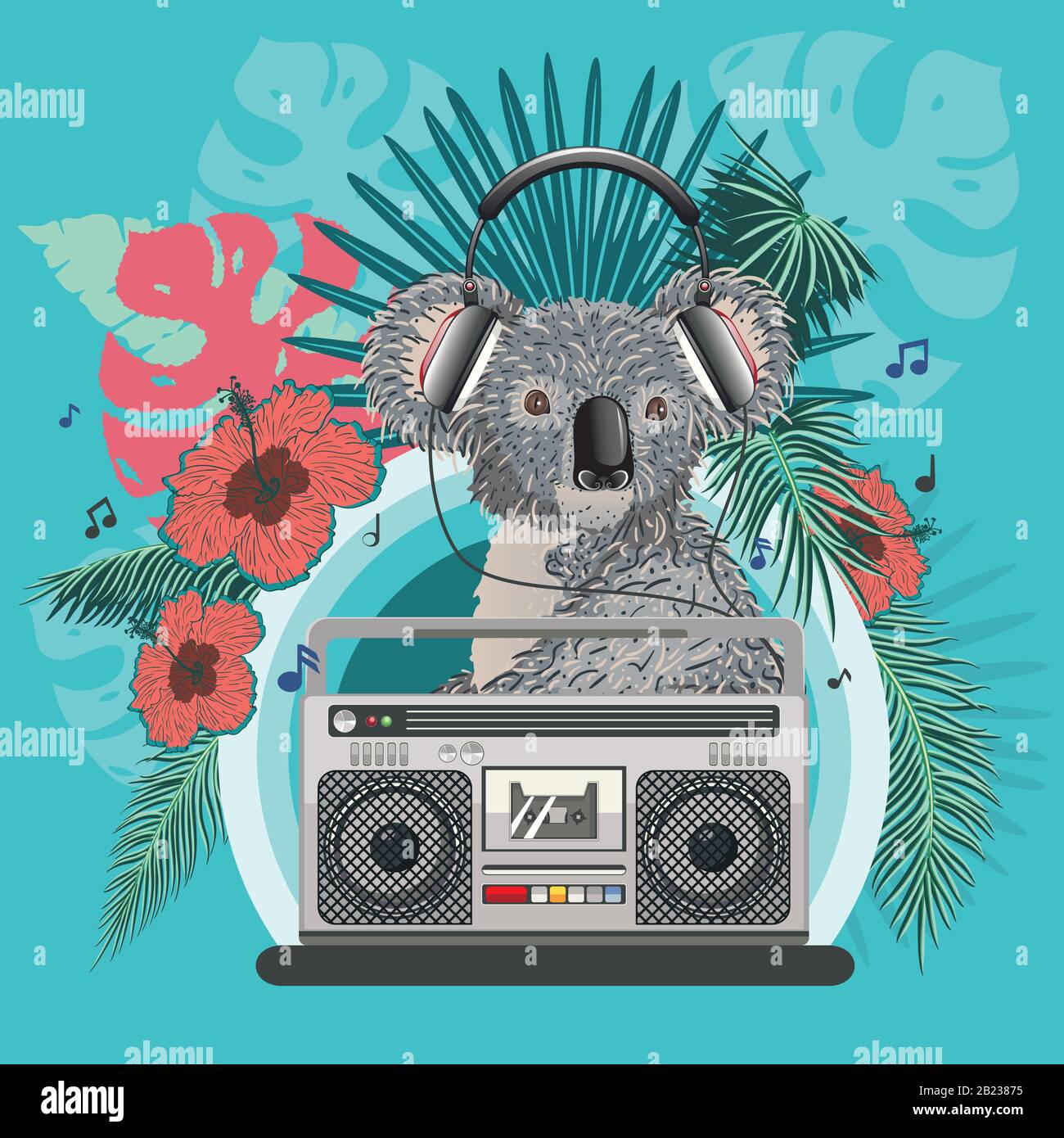 Retro music poster with grey koala bear, boombox and tropical leaves ...