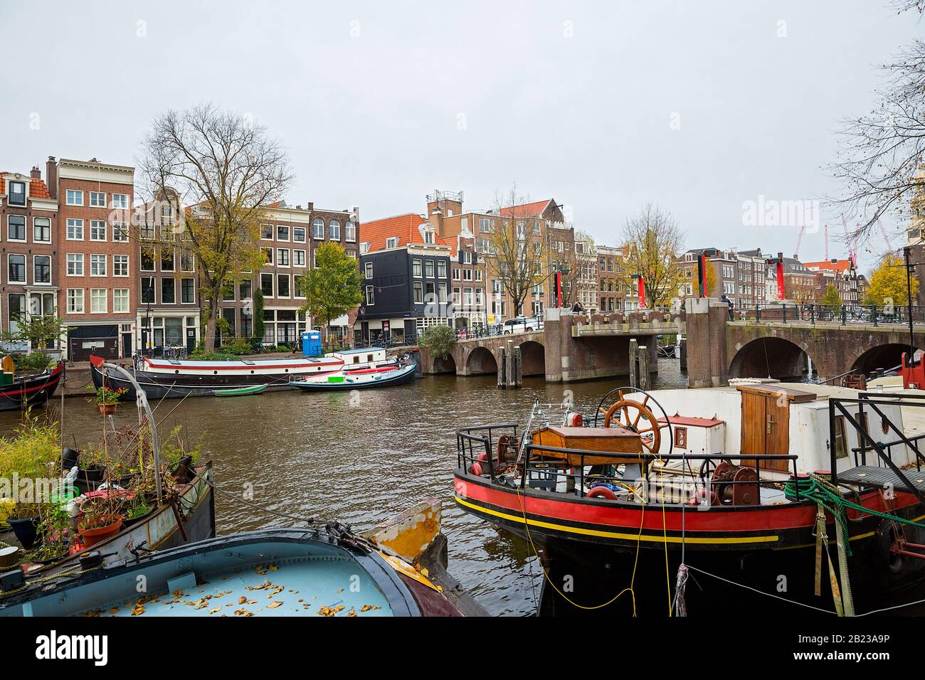 Amsterdam, view of the river and the colorful buildings on the ...