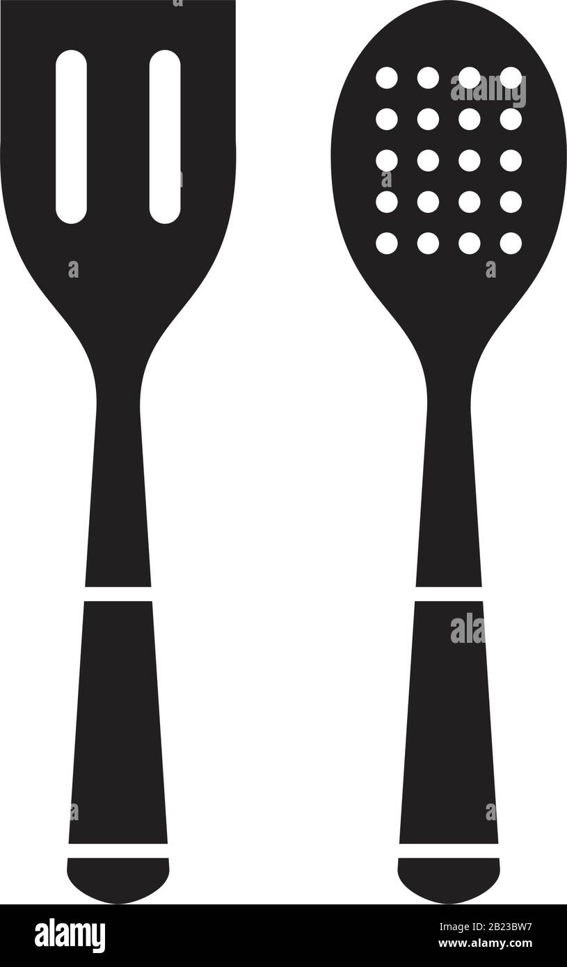 Slotted spoon and a wooden spatula for frying icon template black color editable. Slotted spoon ...