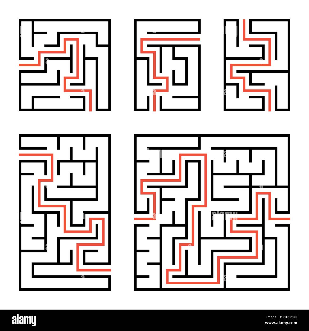 A set of square and rectangular labyrinths with entrance and exit. Simple flat vector ...