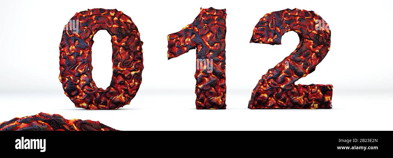Volcanic alphabet numbers 0, 1, 2. 3D render of volcanic font white ...