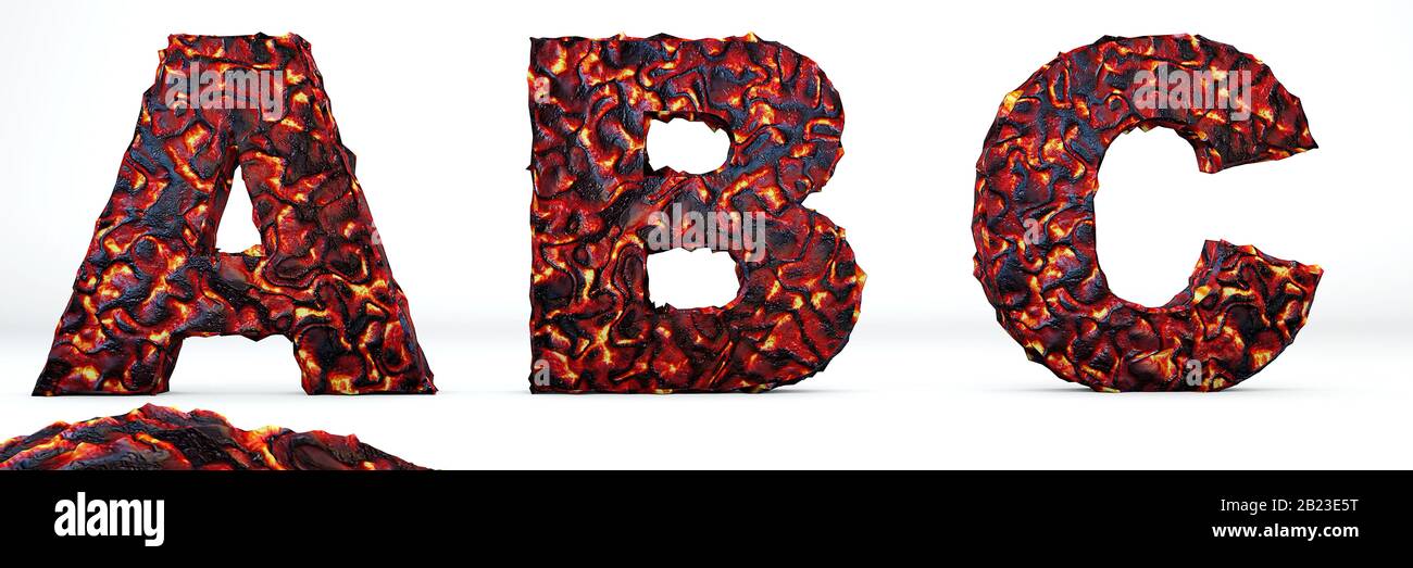 Volcanic alphabet letters A, B, C. 3D render of volcanic font white ...