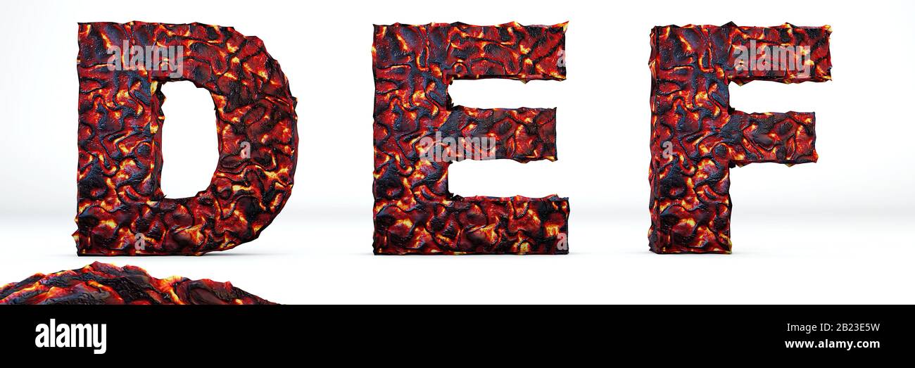 Volcanic alphabet letters D, E, F. 3D render of volcanic font white ...