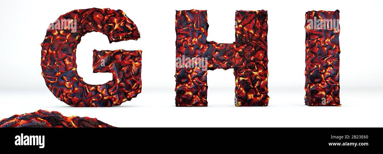 Volcanic alphabet letters G, H, I. 3D render of volcanic font white ...