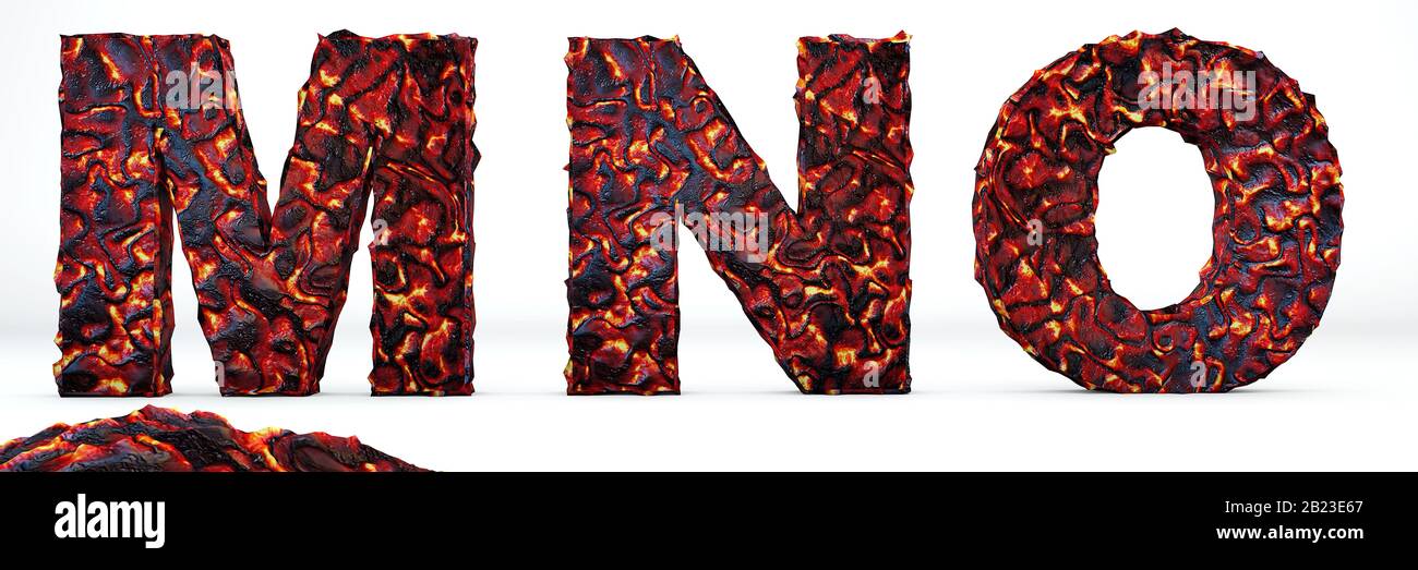 Volcanic alphabet letters M, N, O. 3D render of volcanic font white ...