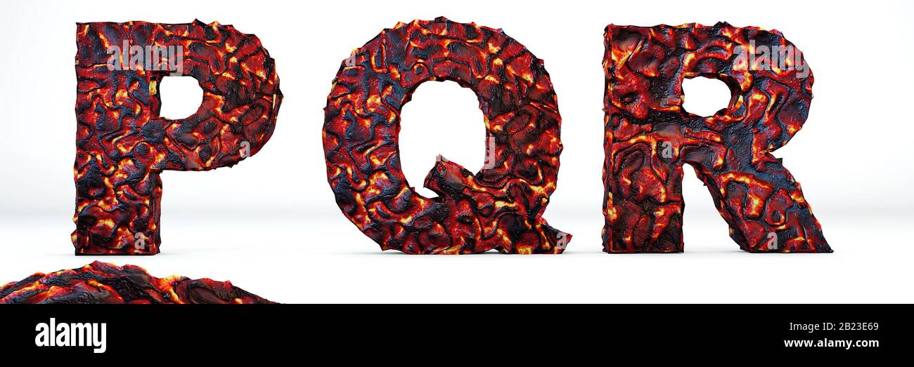 Volcanic alphabet letters P, Q, R. 3D render of volcanic font white ...