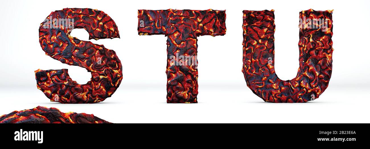Volcanic alphabet letters S, T, U. 3D render of volcanic font white ...