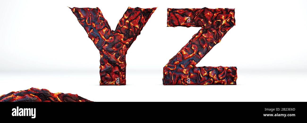 Volcanic alphabet letters Y, Z. 3D render of volcanic font white ...