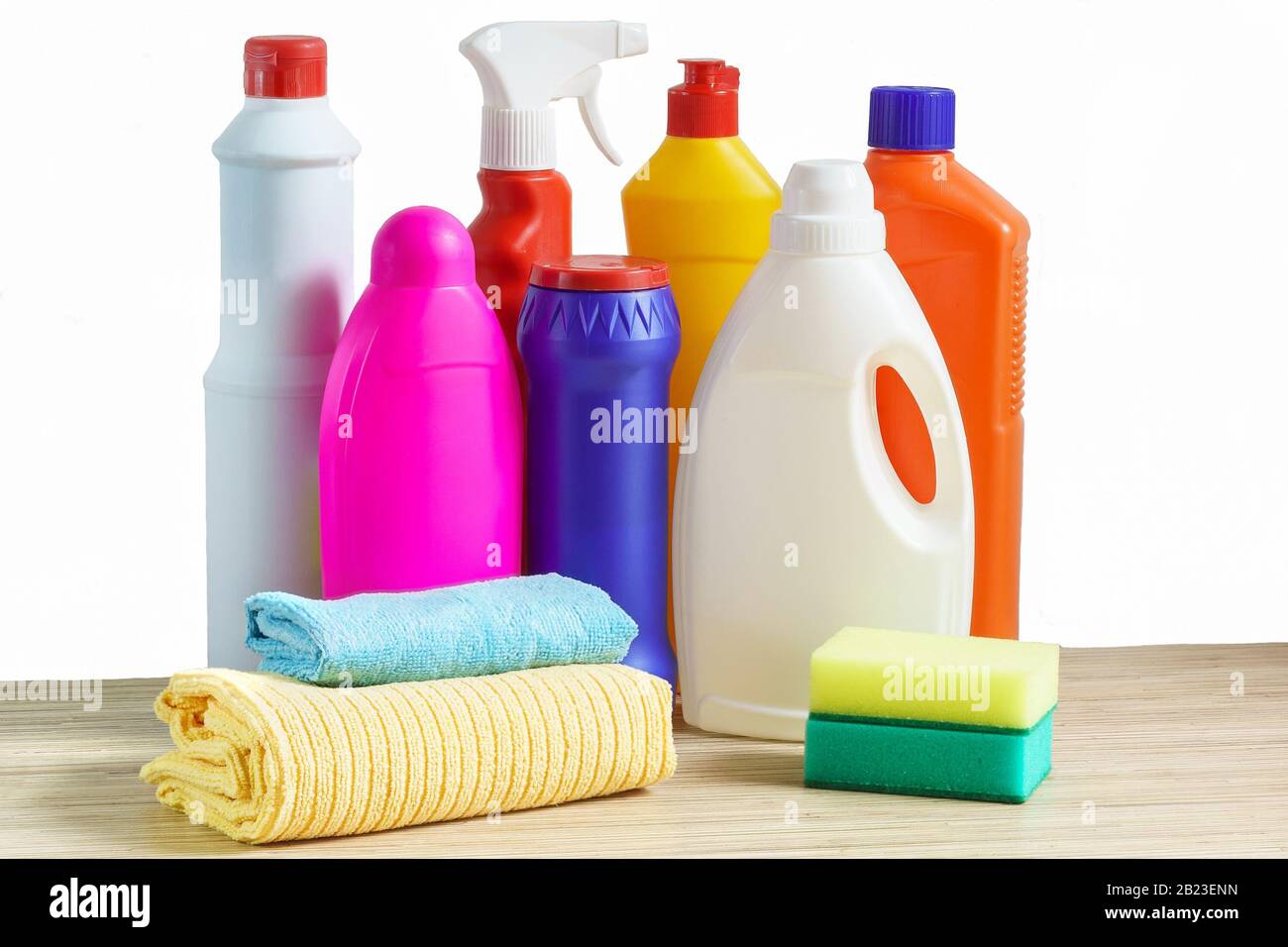 Bottles of cleaning products, sponge and rag for cleaning the home on ...