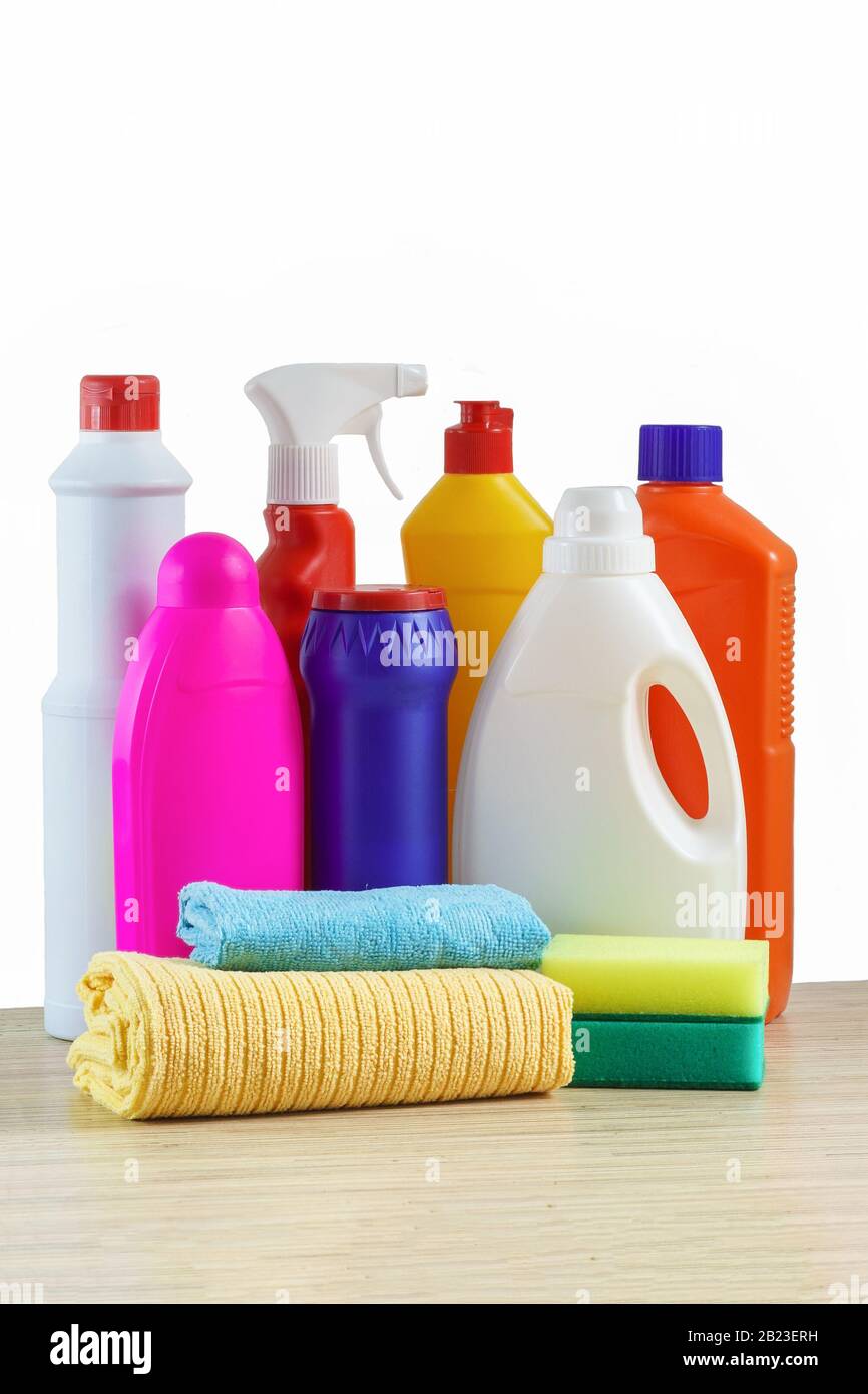 Collection of cleaning tools for home cleaning on a white background ...